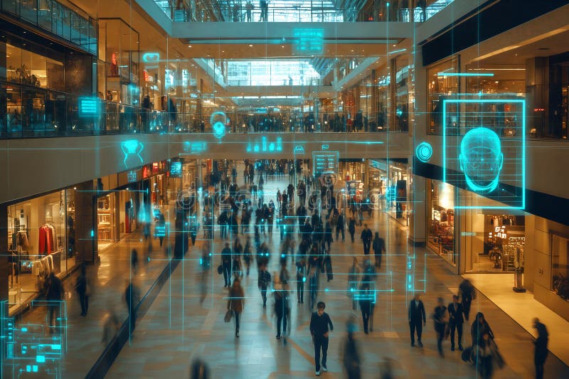 Crowded Shopping Mall with Digital Interface Overlay Representing ...