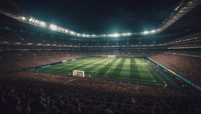 Crowded Stadium, Floodlit Field, Professional Soccer Match Generated by ...