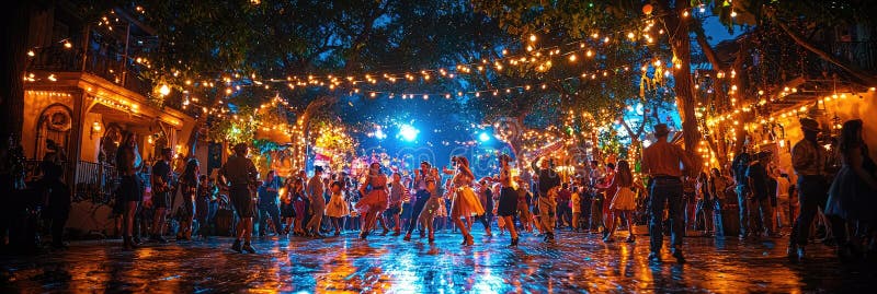 A Crowded Street Party at Night with String Lights and People Dancing ...