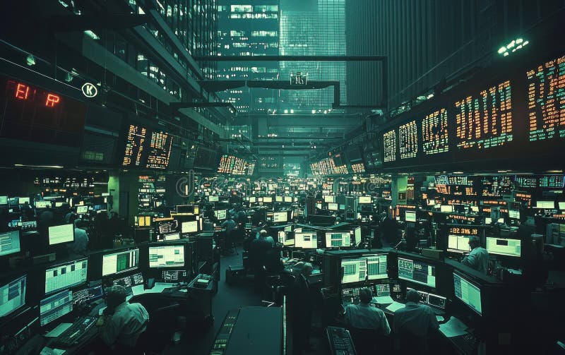A Crowded Trading Floor in a Futuristic Cyberpunk Setting with Glowing ...