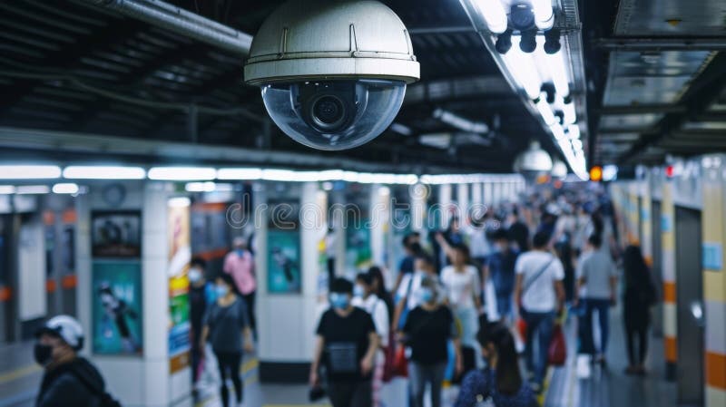 A Crowded Train Station Platform with Multiple Security Cameras Affixed ...