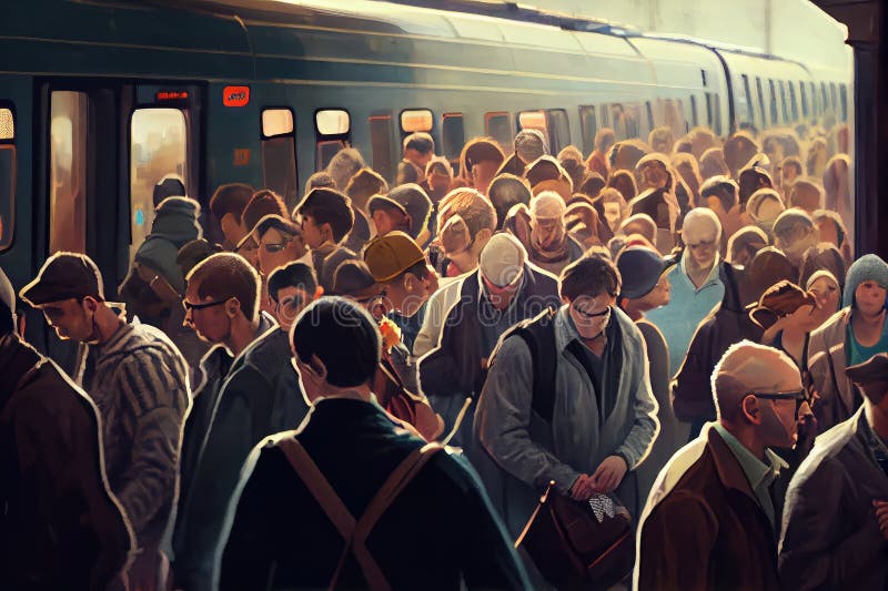 Crowded Train Station during Rush Hour, with Bustling Crowds and ...