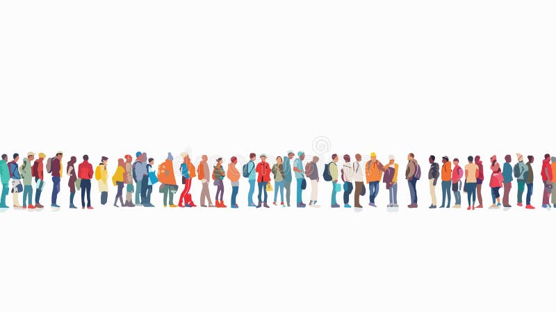 Crowded Urban Scene with Diverse Group of People Waiting in Long Queue ...