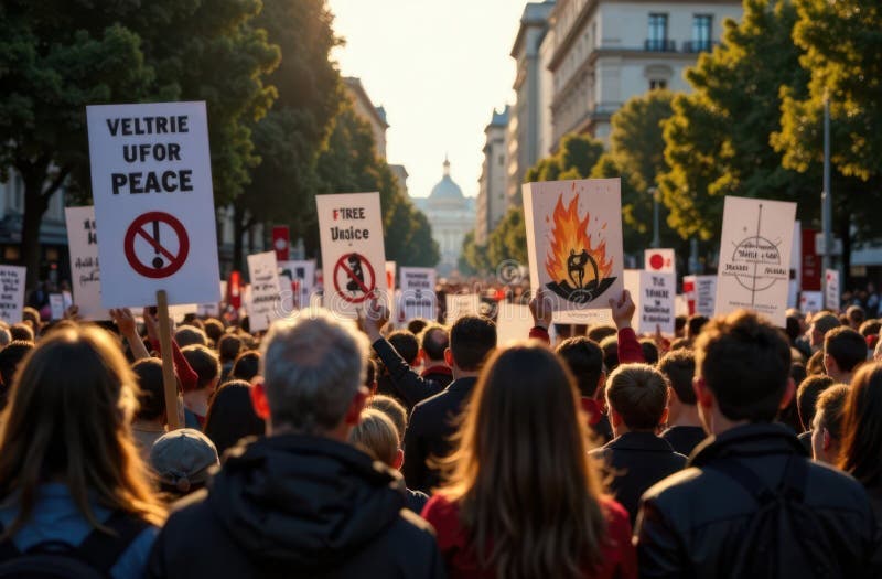 Demonstrators March for Peace with Signs Advocating for Ukraine and ...