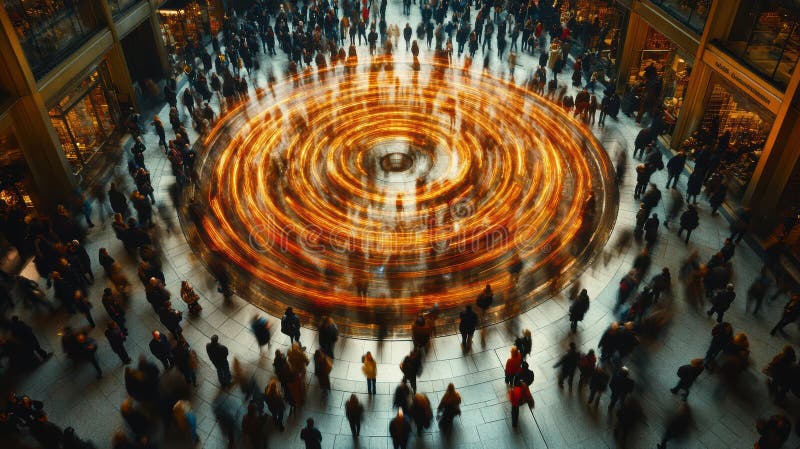 Crowds of People Stroll Around a Circular Structure in a Busy Shopping ...