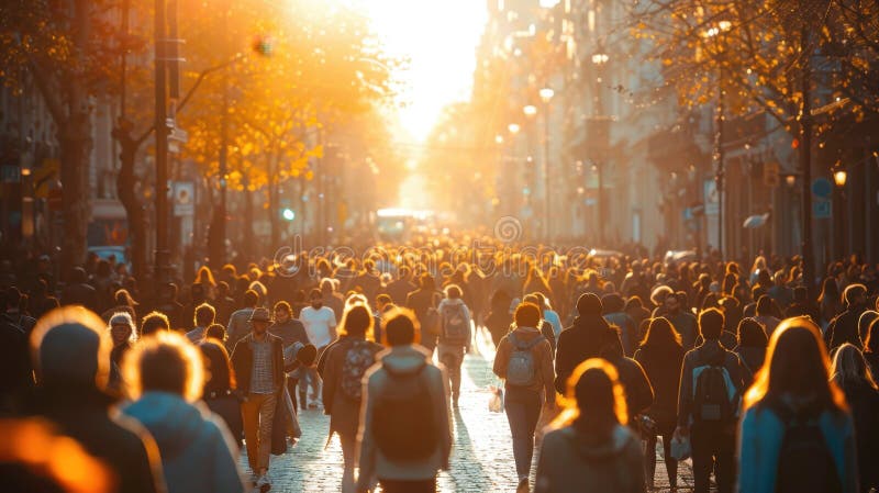 Crowds of People Walking through the Streets of the City at Sunset. a ...