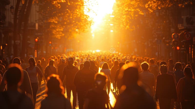 Crowds of People Walking through the Streets of the City at Sunset. a ...