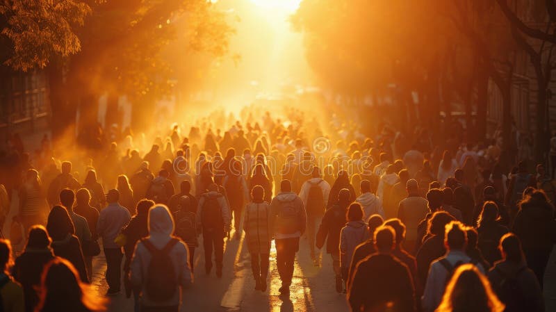 Crowds of People Walking through the Streets of the City at Sunset. a ...