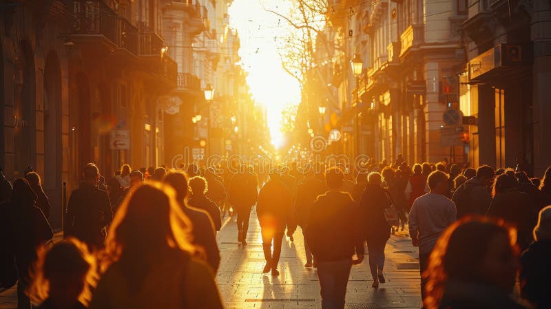 Crowds of People Walking through the Streets of the City at Sunset. a ...