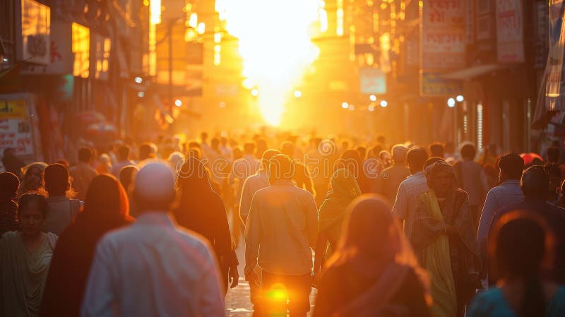 Crowds of People Walking through the Streets of the City at Sunset. a ...