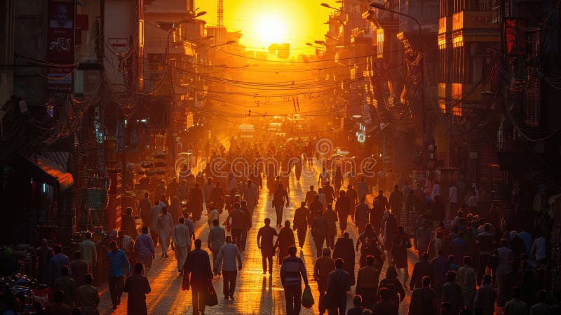 Crowds of People Walking through the Streets of the City at Sunset. a ...