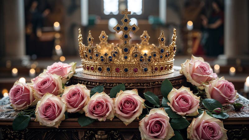 Crown of Divinity Resting on Altar, Surrounded by Roses of Light Stock ...