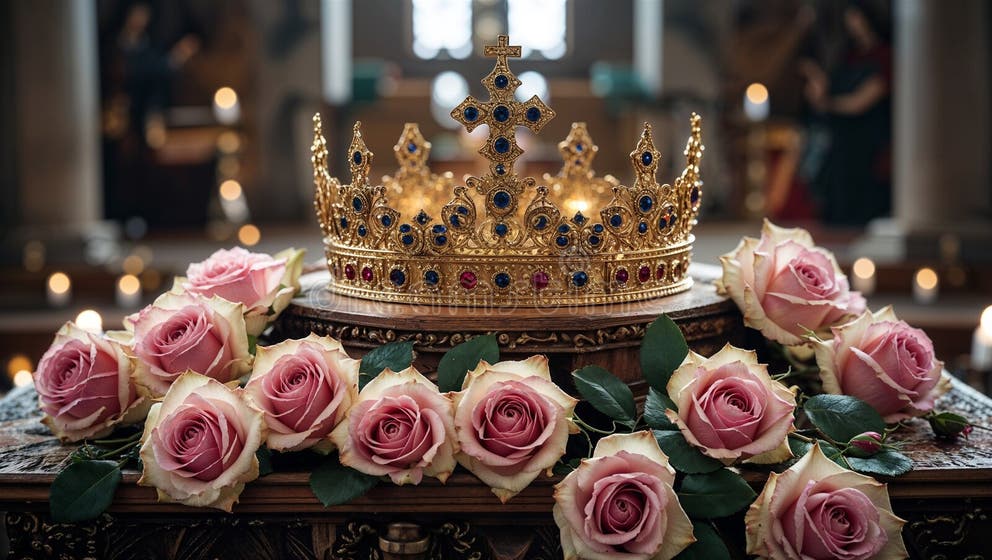 Crown of Divinity Resting on Altar, Surrounded by Roses of Light Stock ...
