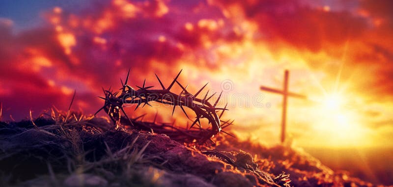 Crown of Thorns and Cross at Sunset, Easter Background Stock ...