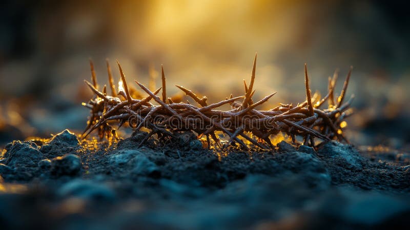 Crown of Thorns on Rocky Ground at Sunrise, Dramatic Lighting and ...
