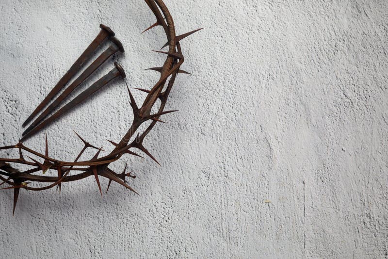 Crown of Thorns with Three Nails on Grey Background. Easter Concept ...