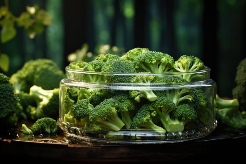 Crown of Washed and Cut into the Glass Container. Organic Broccoli, Cut ...