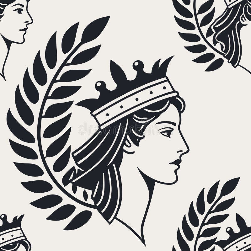 Elegant Pattern of Crowned Female Figures Surrounded by Laurel Leaves ...