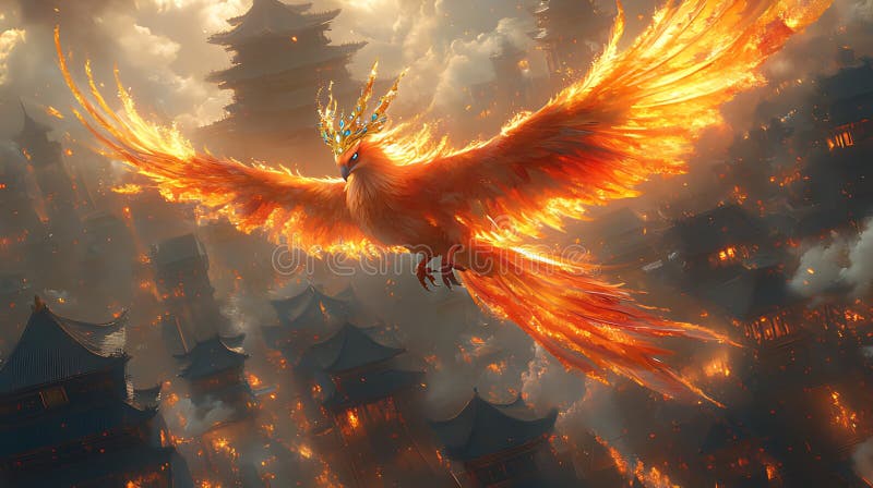 Crowned Phoenix Soaring Over Burning Cityscape Stock Illustration ...