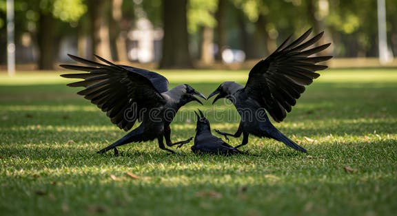 Crows Arguing on the Grass with One Crow Sitting Down Stock ...