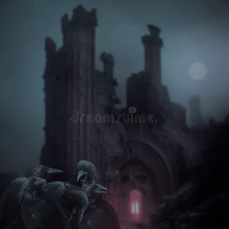 Crows in a Dark Full Moon Night Against Creepy Medieval Background ... Crows in a Dark Full Moon Night Against Creepy Medieval Background ...