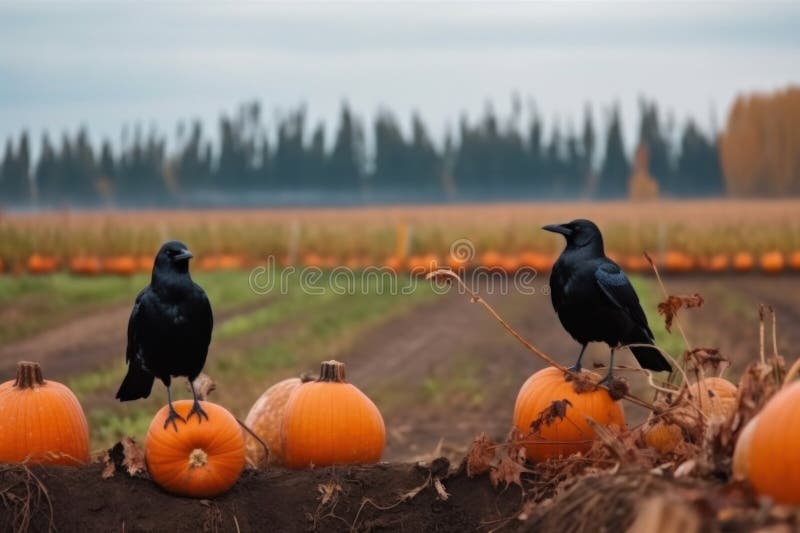 Crows on a Fence Pumpkin Patch in Background Stock Illustration ...