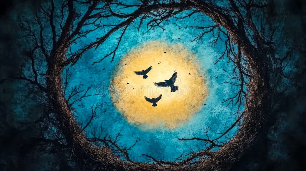 Crows Flying Over Bare Tree Branches and Full Moon at Night Stock Image - Image of blue, spooky ...