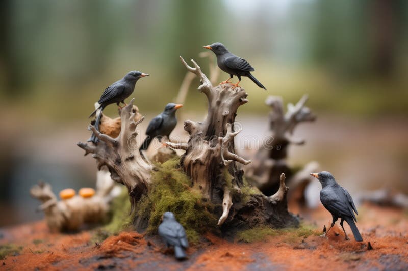 Crows Pecking at a Dead Tree Stump in a Forest Clearing Stock Image ...