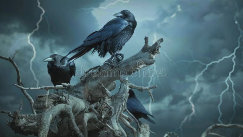 Two Crows Sit Perched on Bare Branches in a Foggy, Wintery Forest ...