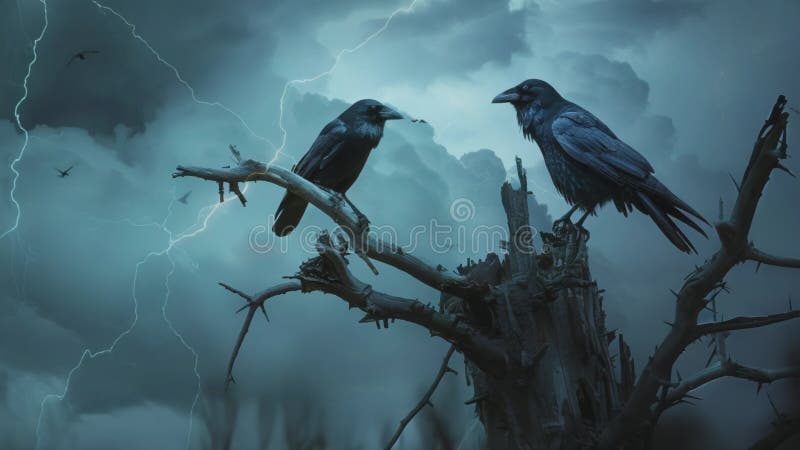 Two Crows Sit Perched on Bare Branches in a Foggy, Wintery Forest ...