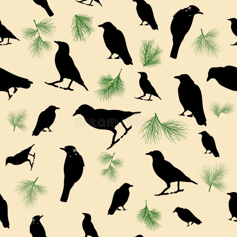 Crows and Pines Seamless Pattern Stock Illustration - Illustration of ...