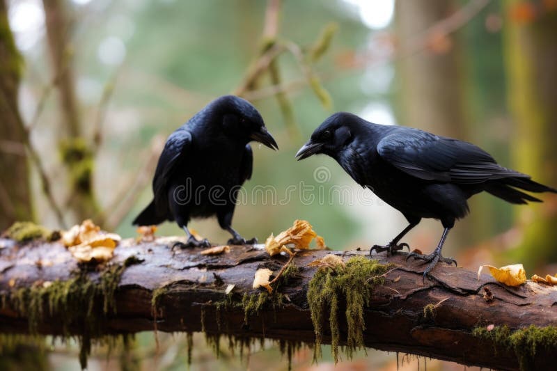 Crows Sharing Food in a Forest Stock Image - Image of feeding, sharing ...