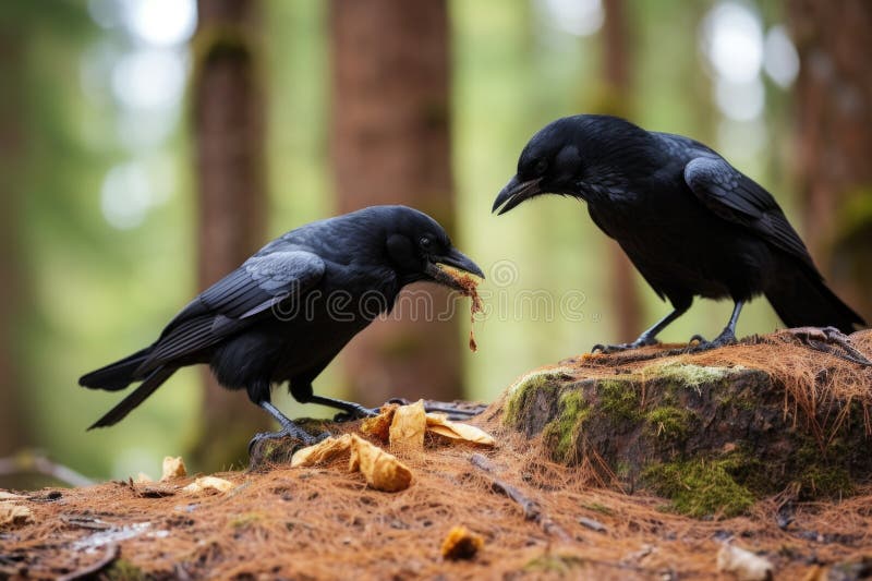 Crows Sharing Food in a Forest Stock Illustration - Illustration of ...