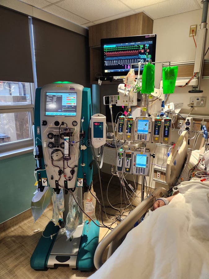 CRRT Machine at Bedside in ICU with Monitor and Drips Editorial Photo ...