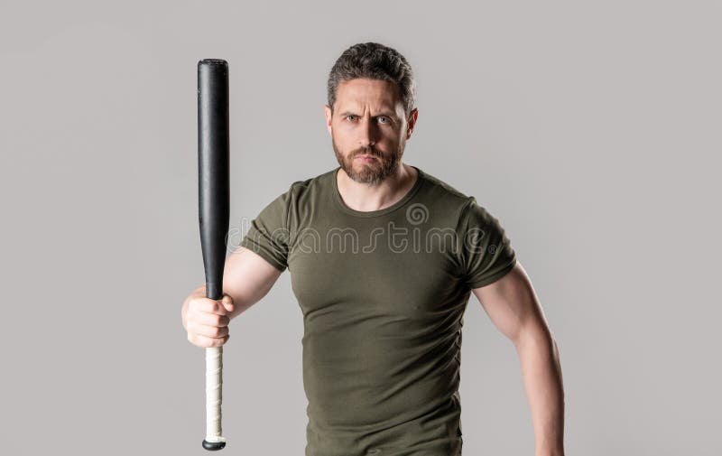 Cruel Man with Aggression Threatening. Man Express Aggression with Bat ...