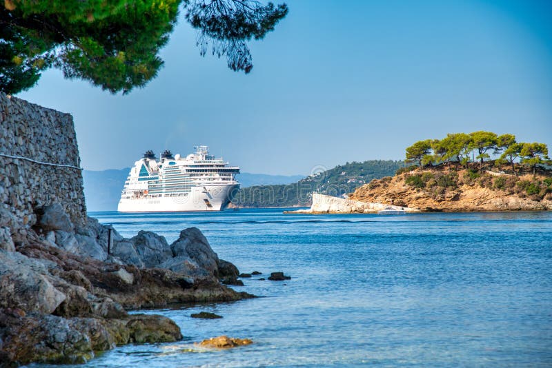 Cruise Ship Approaching Island Port Stock Photo - Image of transport ...