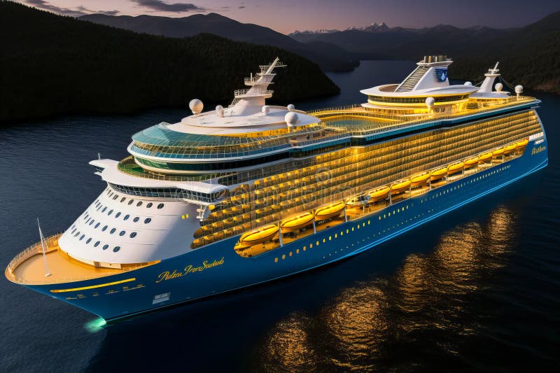 Cruise Ship in the Blue Sea, Cruise Liner in the Bay at Night Stock ...