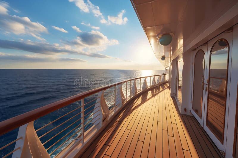 Cruise Ship Deck with Wooden Floor and Ocean View at Sunset Stock Image ...