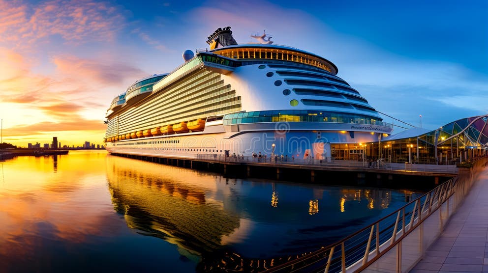 Cruise Ship Docked at Dock with Sunset in the Back Ground. Generative ...