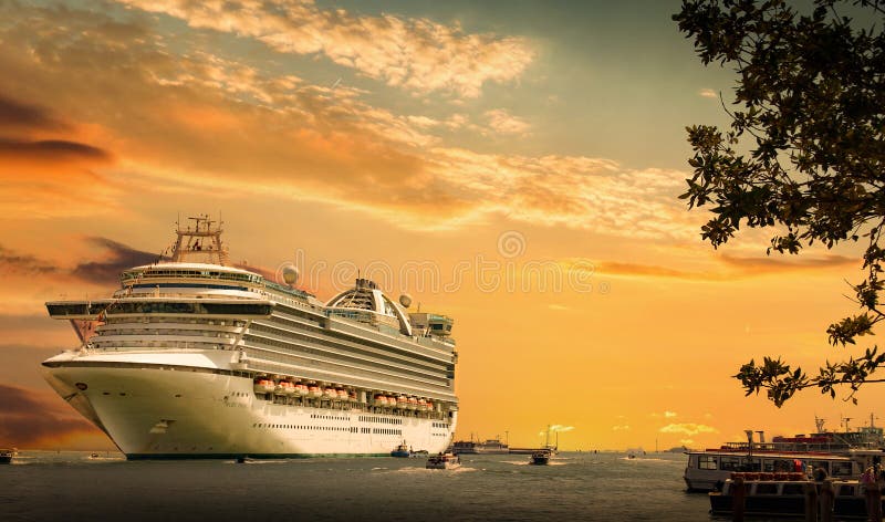 Cruise Ship Docked at Port on Sunset. Sunset Over a Sea Stock Image ...