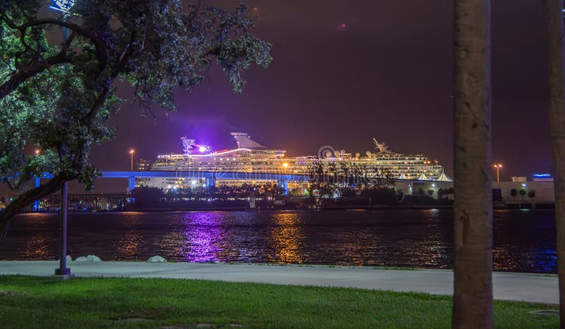 Cruise Ship by Downtown Miami at Night Editorial Stock Photo - Image of ...