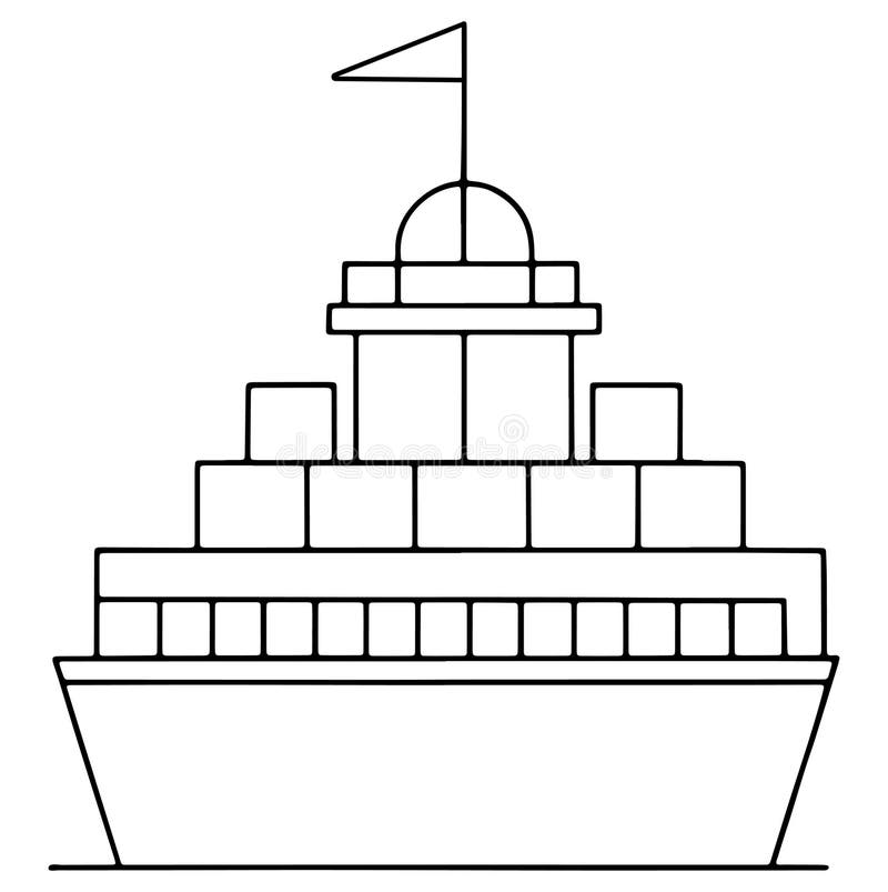 Cruise Ship with Flag in Simple Line Art Drawing for Kids Learning and ...