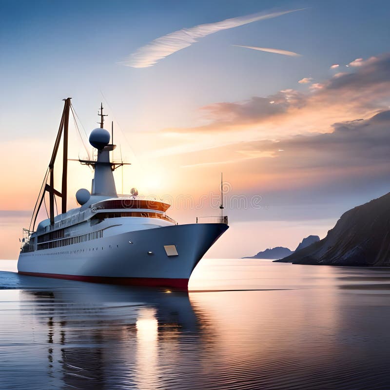 Cruise Ship Moored Near the Sandy Shore at Tranquil Sunset. AI ...