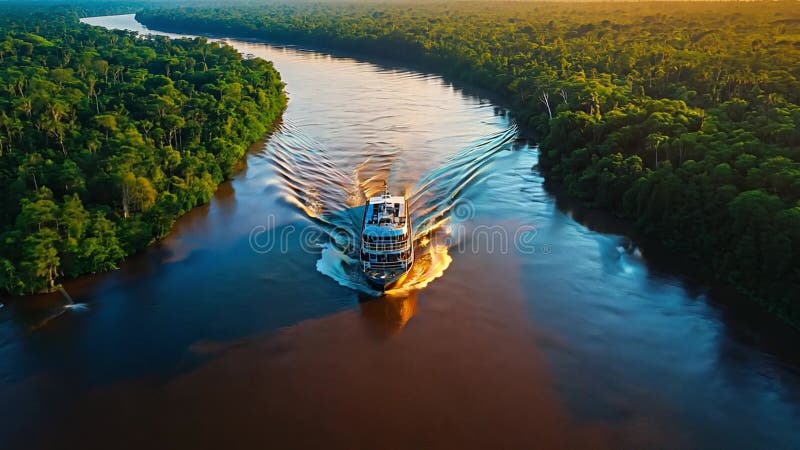 A Cruise Ship Navigates the Tranquil Waters of the Amazon River during ...
