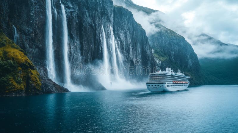 Cruise Ship Navigating Fjord with Multiple Waterfalls Stock ...