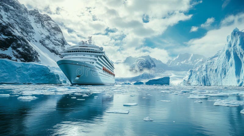 Cruise Ship Navigating through Icebergs and Snowy Mountains in ...