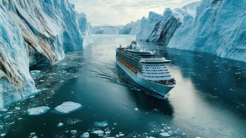 A Cruise Ship Navigating through Icy Waters Surrounded by Towering ...