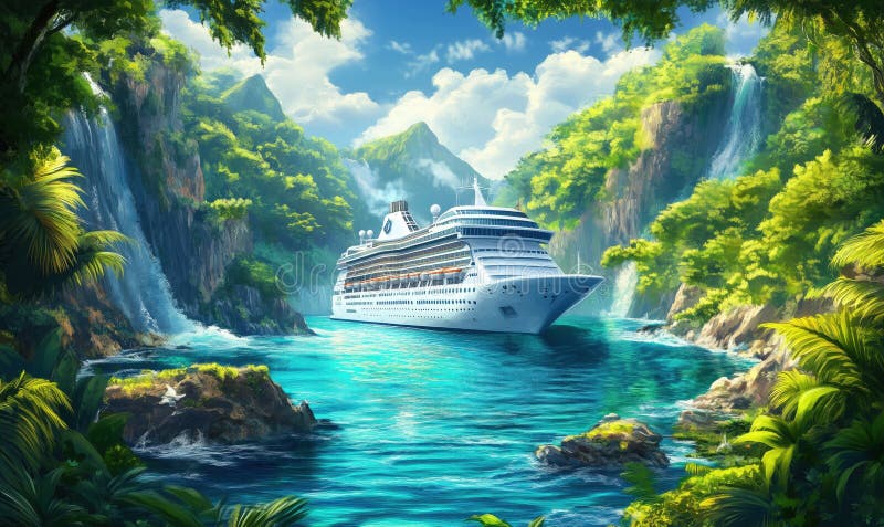 Cruise Ship Navigating through Lush Tropical Landscape with Waterfalls ...