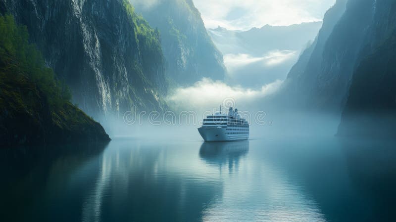 Cruise Ship Navigating a Misty Fjord Stock Illustration - Illustration ...