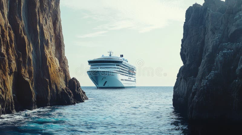 Cruise Ship Navigating between Rocky Cliffs Stock Illustration ...